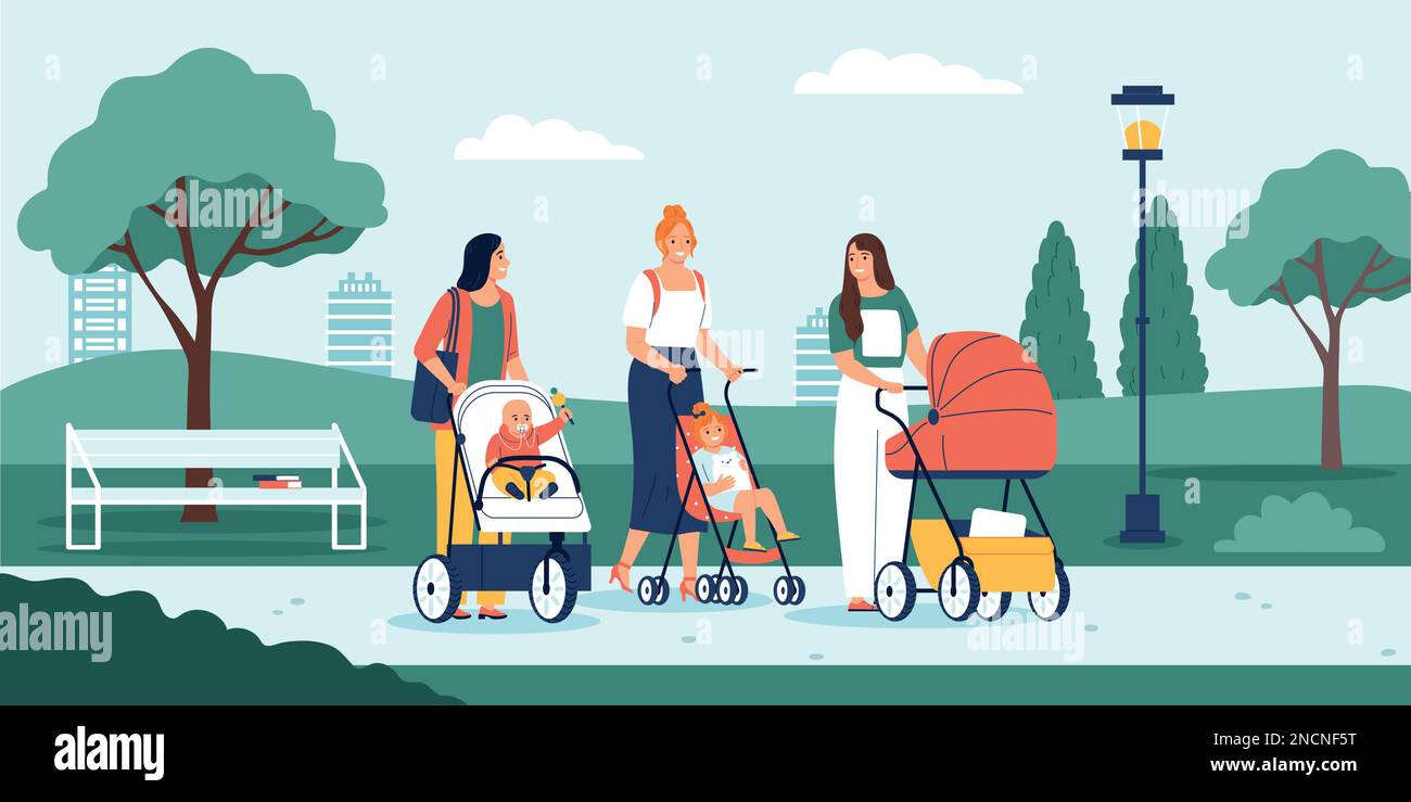 Mom baby group background with stroller walking symbols flat vector ...