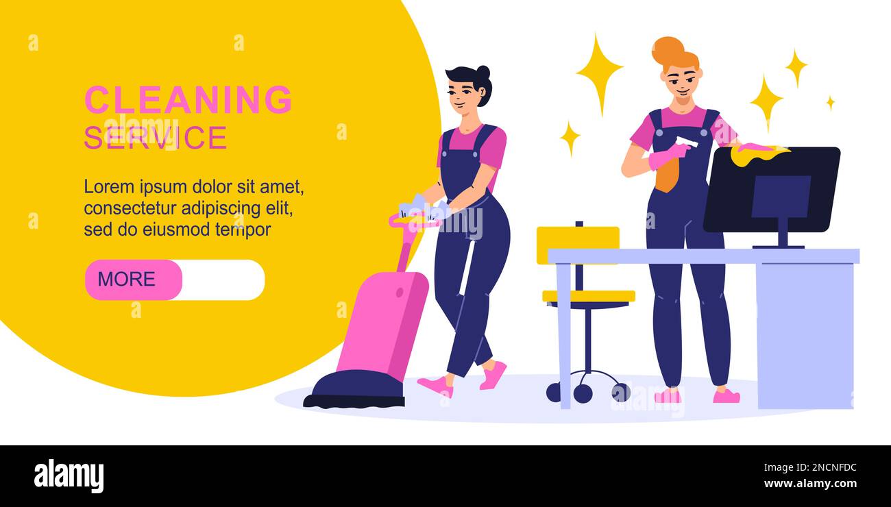 Cleaning service horizontal flat web banner with two smiling female ...