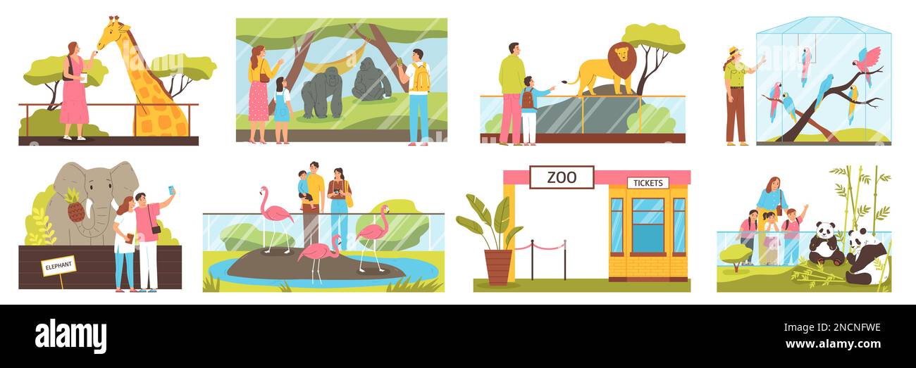 People at zoo looking at different animals flat compositions set ...