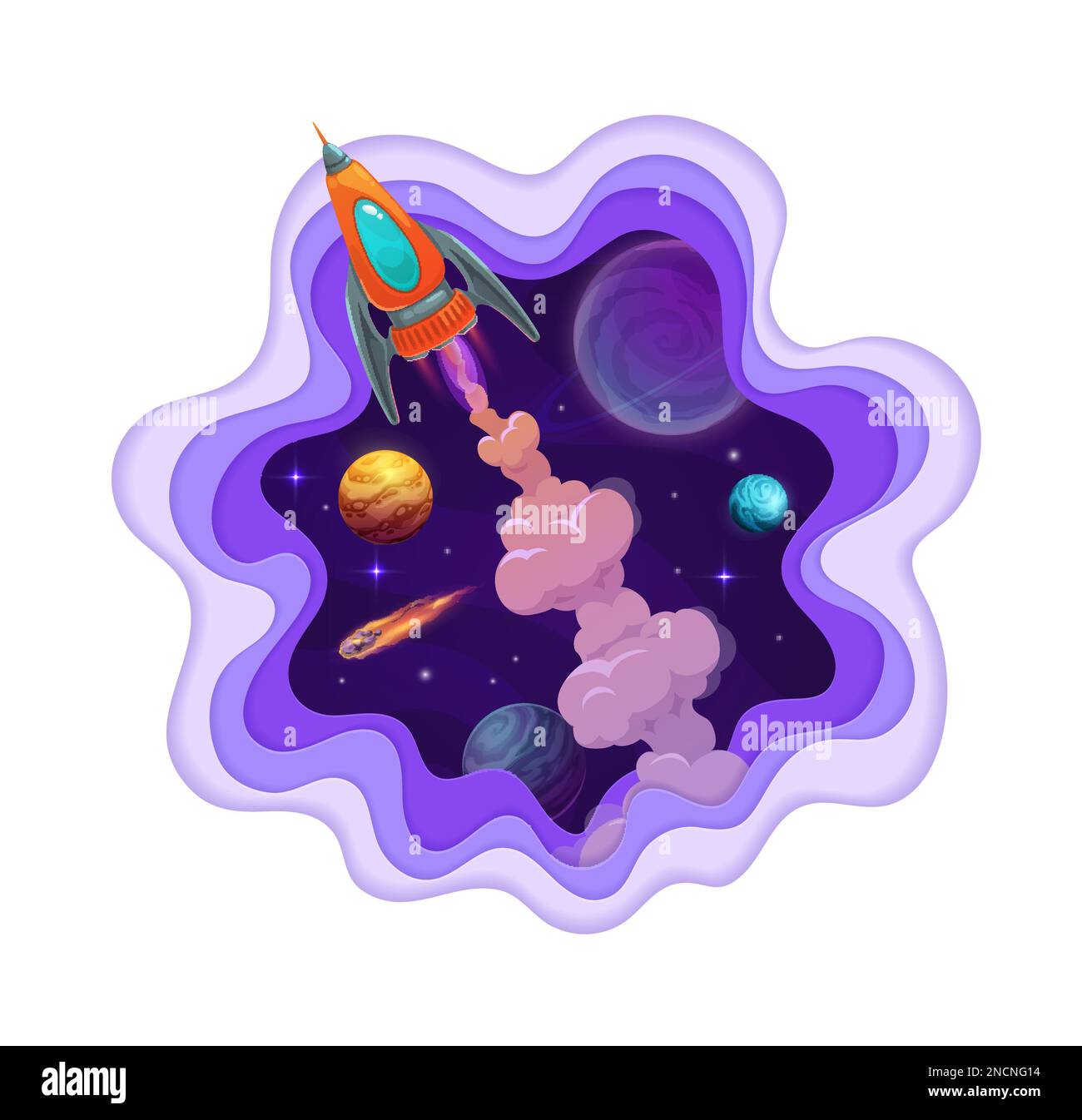 Space rocket launch paper cut. Cartoon vector 3d wavy double exposition ...