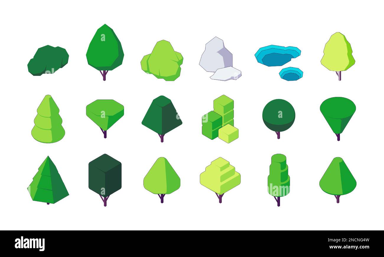 Isometric trees and bushes asset. Botanical shrubs and plants with ...