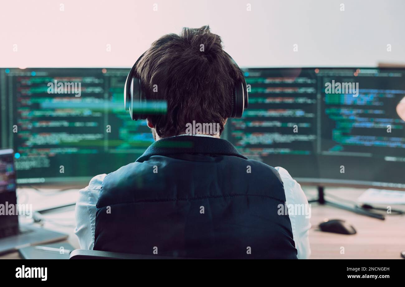 Coding Computer Screen With Man Programmer And Web Design Software Update With Information