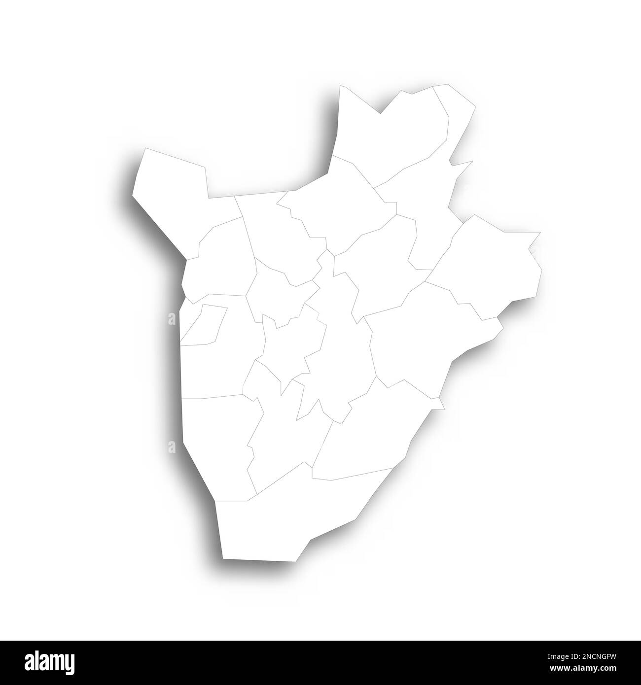 Burundi political map of administrative divisions - provinces. Flat white blank map with thin ...