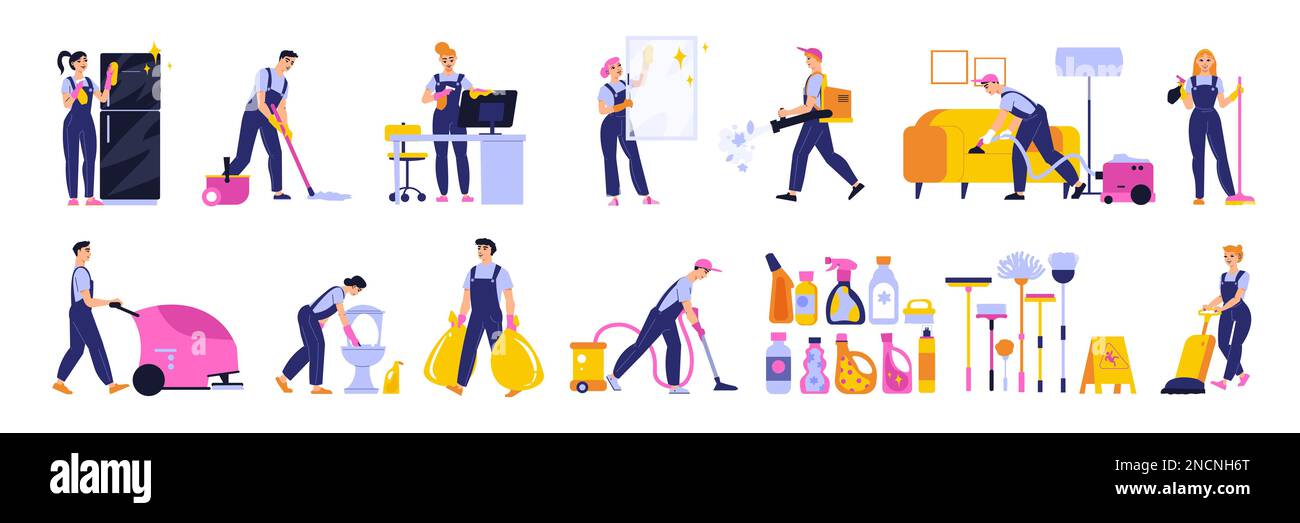 Professional cleaning service flat set with workers in uniform mopping ...