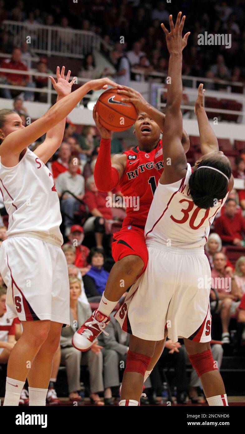 Rutgers guard Khadijah Rushdan, center, shoots over Stanford forward ...
