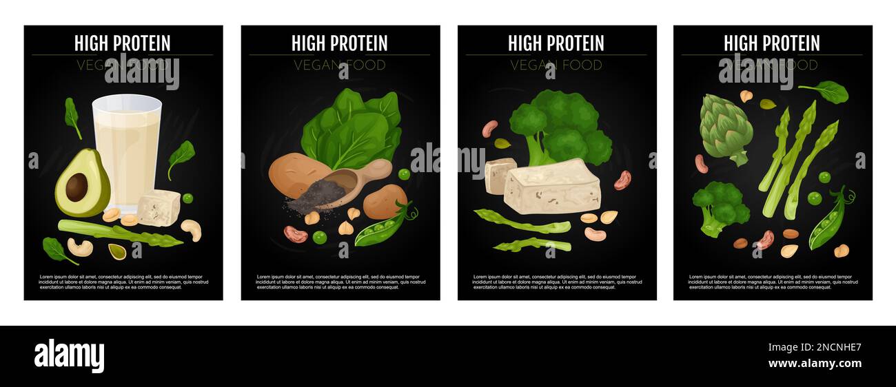 Set with four isolated vegan protein food posters with editable text ...