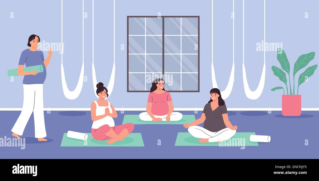 Mom club background with pregnancy and yoga symbols flat vector ...