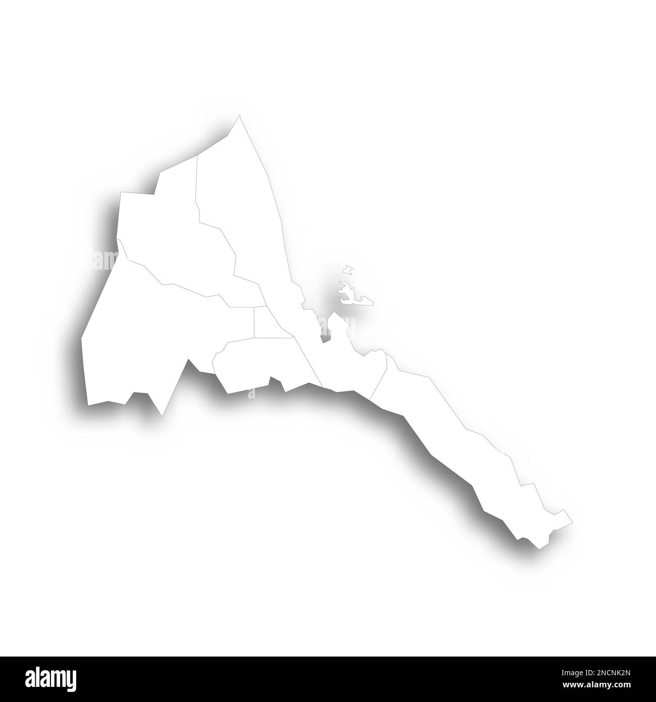 Eritrea political map of administrative divisions - regions. Flat white blank map with thin ...