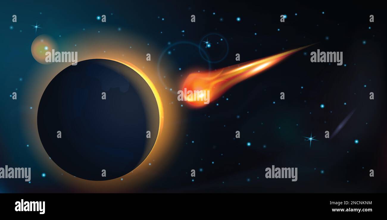 Realistic composition with outer space landscape and view of burning ...