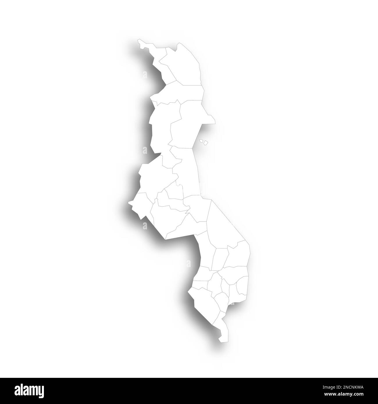 Malawi political map of administrative divisions - districts. Flat white blank map with thin ...