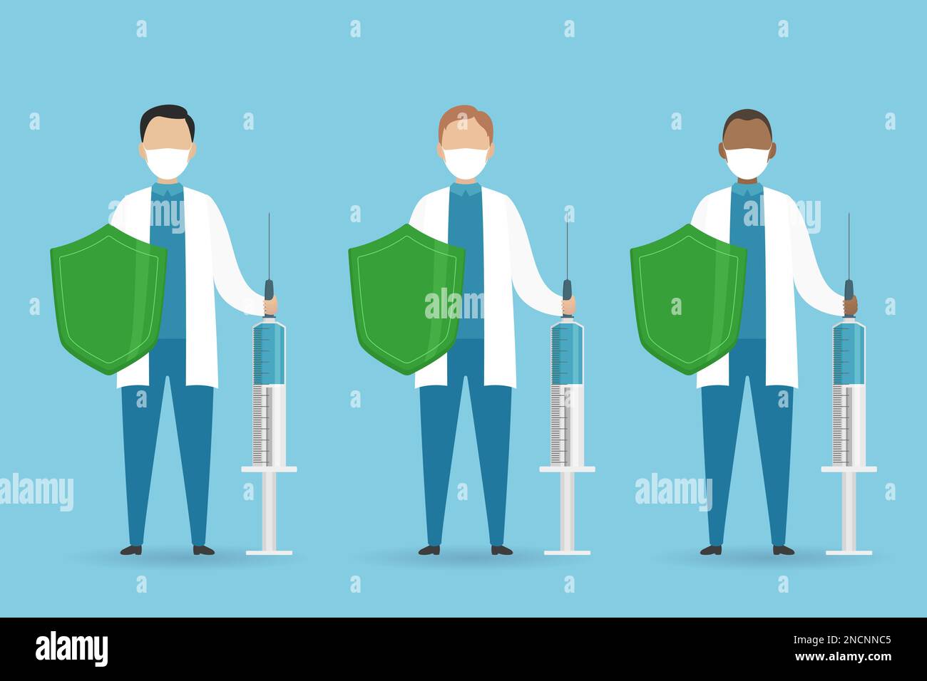 Doctors of different ethnicities hold shields and syringes with ...