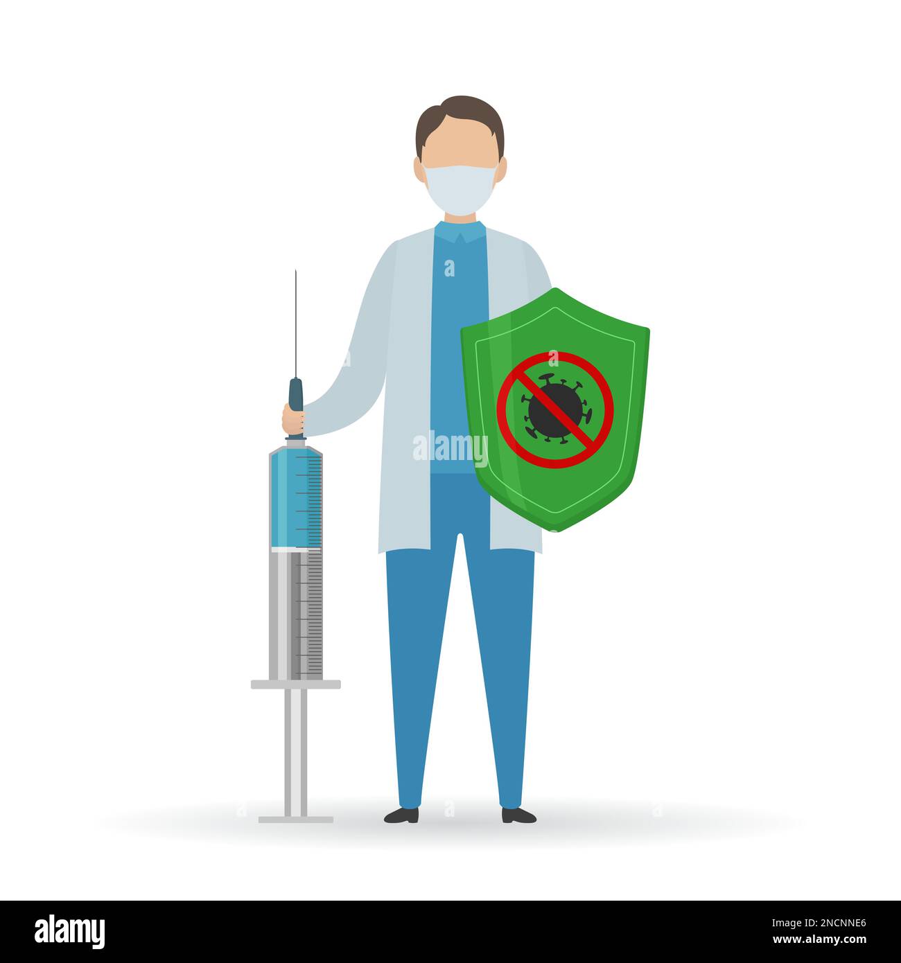 Doctor hold shield and syringe with coronavirus vaccine. Cartoon style ...