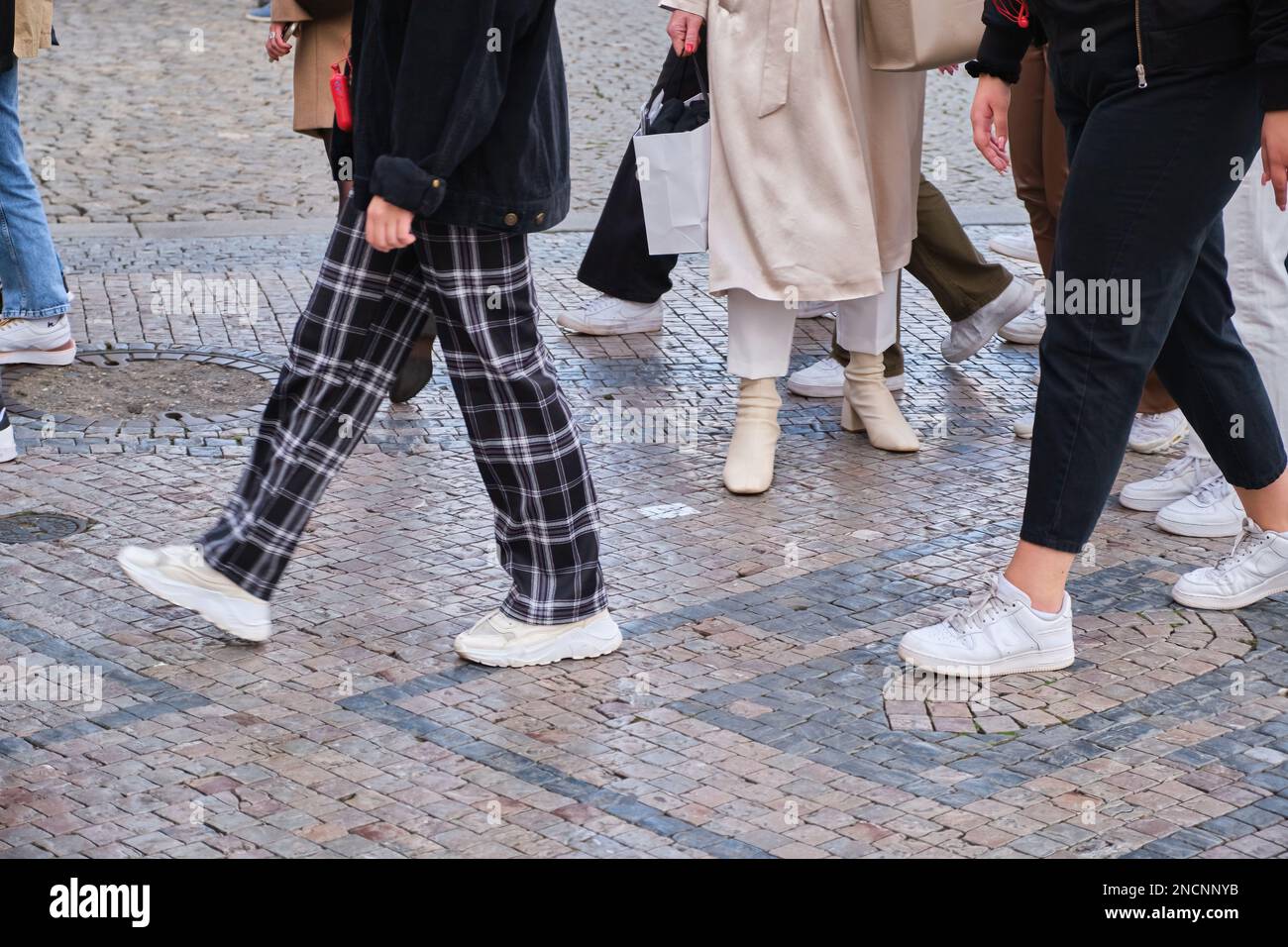 Low Section crowd of people walking pavement Sidewalk old city center ...