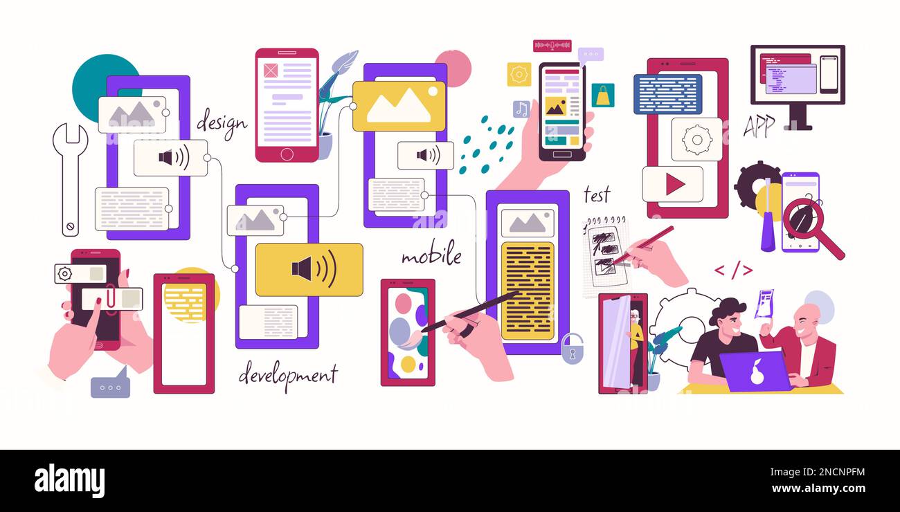 Mobile app development abstract set with testing symbols flat isolated ...