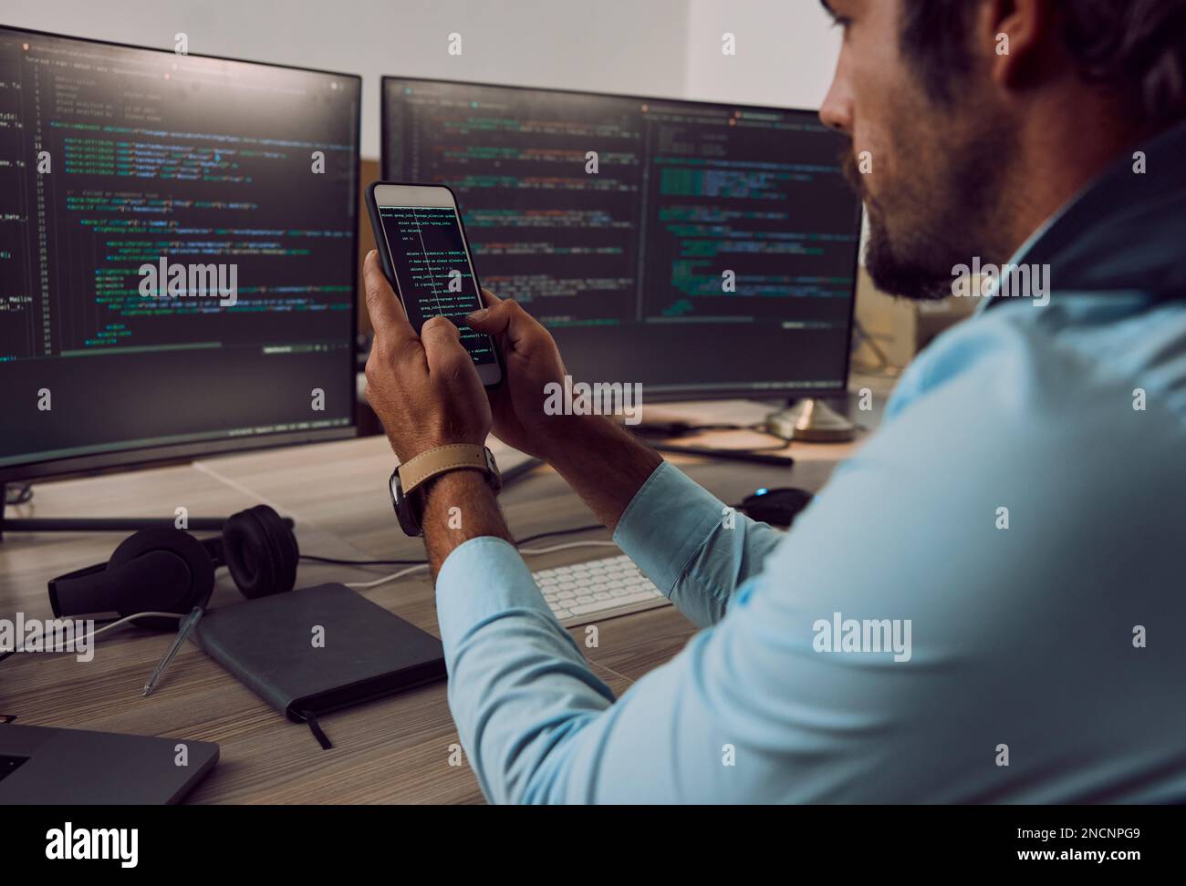 Coding Computer Screen And Phone With Man Programmer And Software Update Information