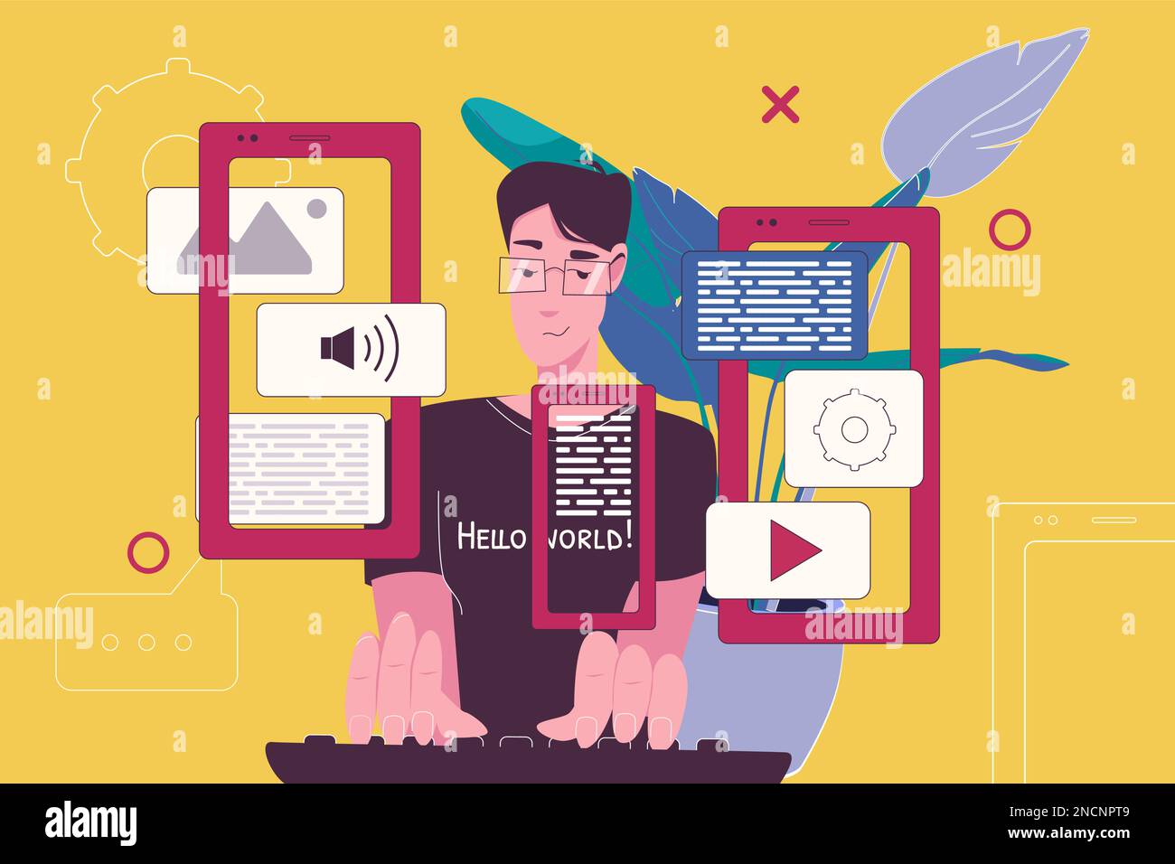 Mobile app development background with digital symbols flat vector ...