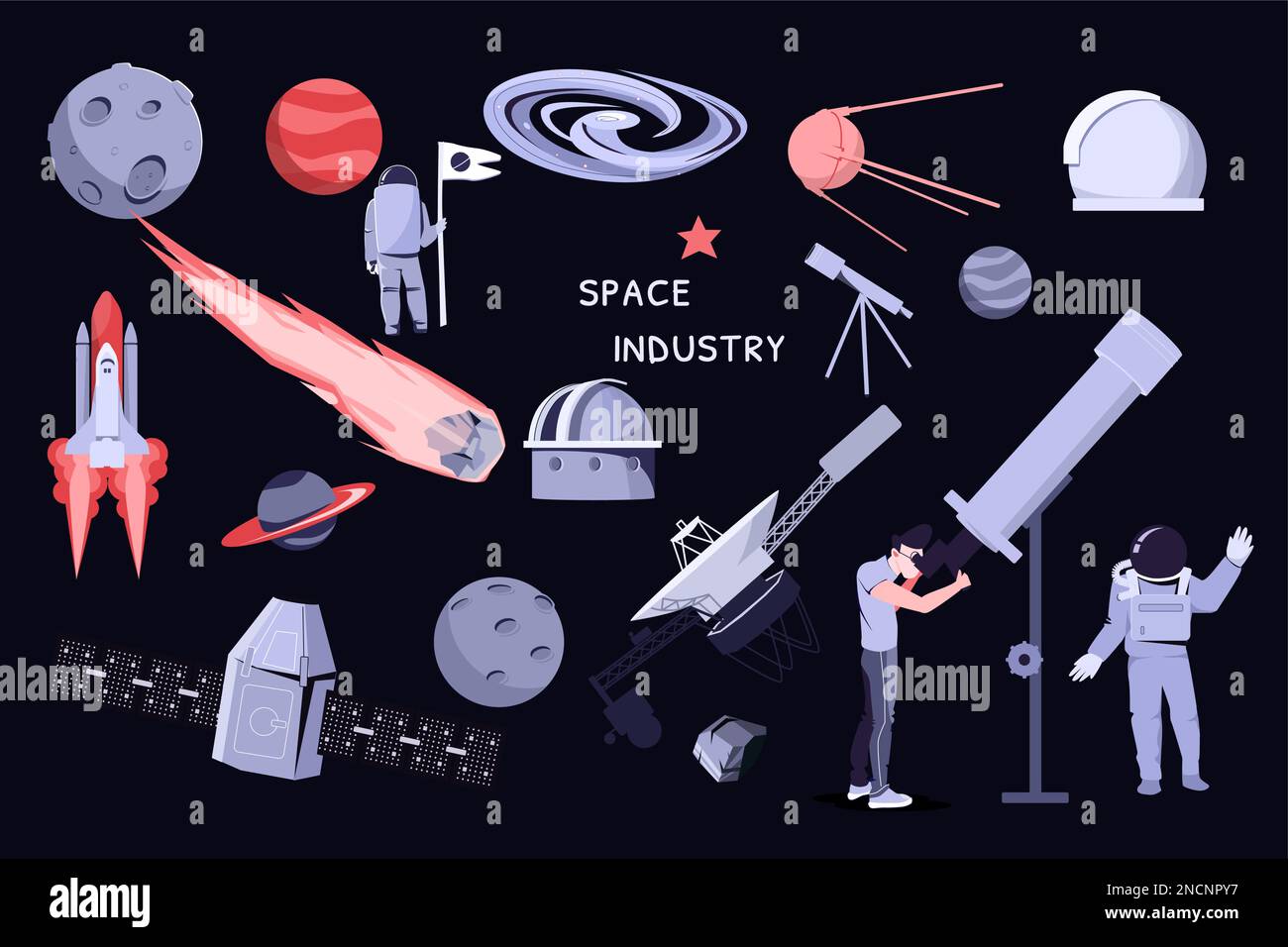 Space industry set with galaxy symbols flat isolated vector ...