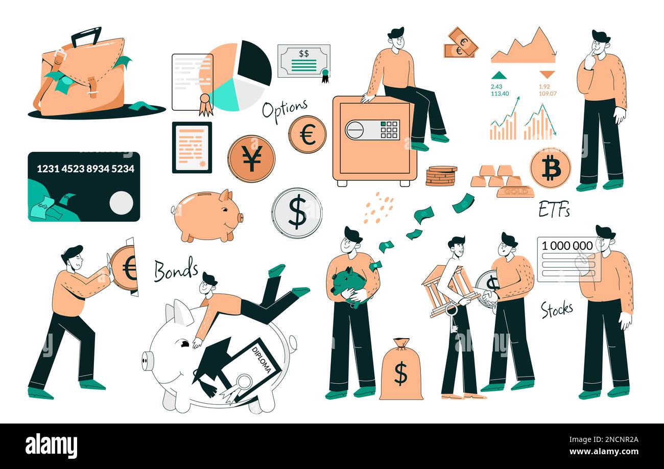 Investment portfolio diversification flat set with isolated icons of ...