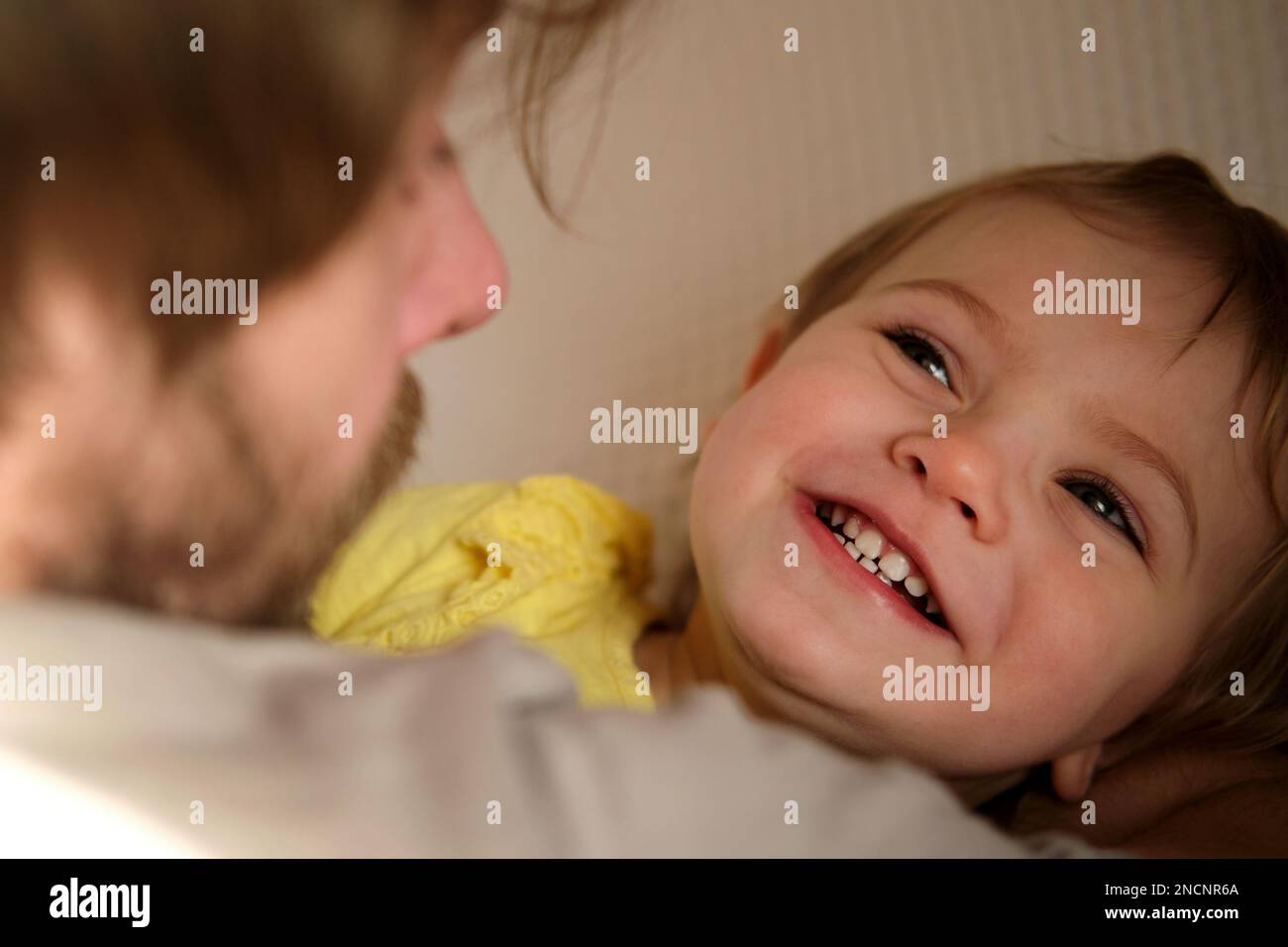 Happy Father with Daughter, Tiny Girl. One Year Baby Smiling, Laughing ...