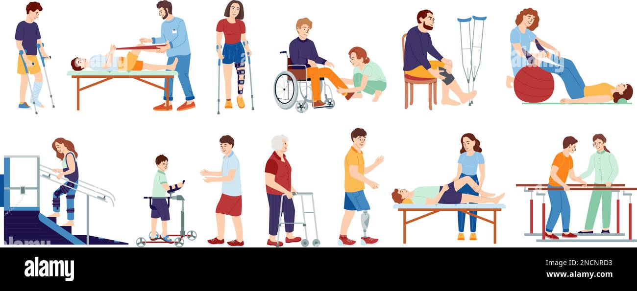 Orthopedic therapy rehabilitation set with flat isolated icons of aids patients and medical ...