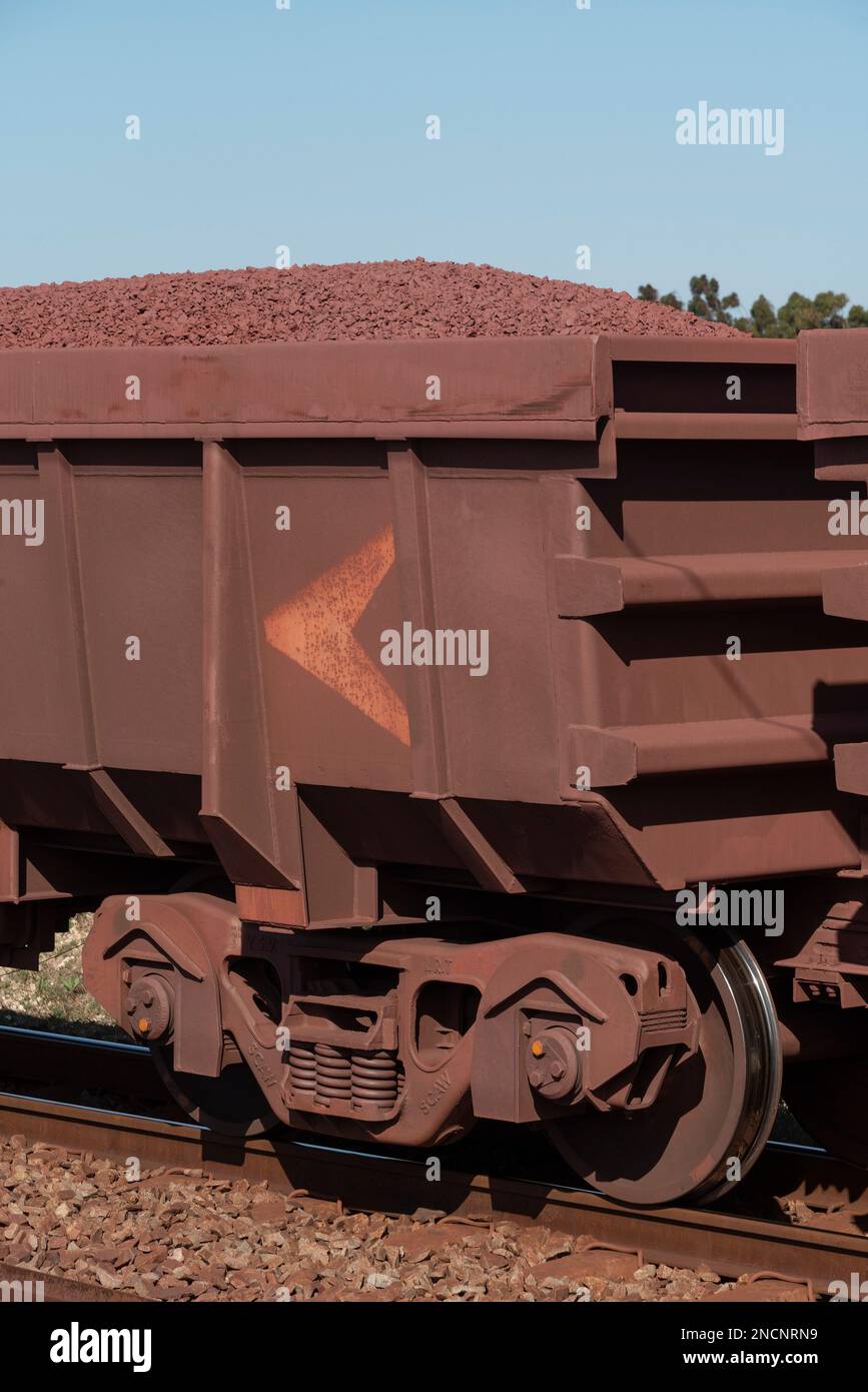 Saldanha Bay, west coast, South Africa. 2023. Railway wagons carrying ...