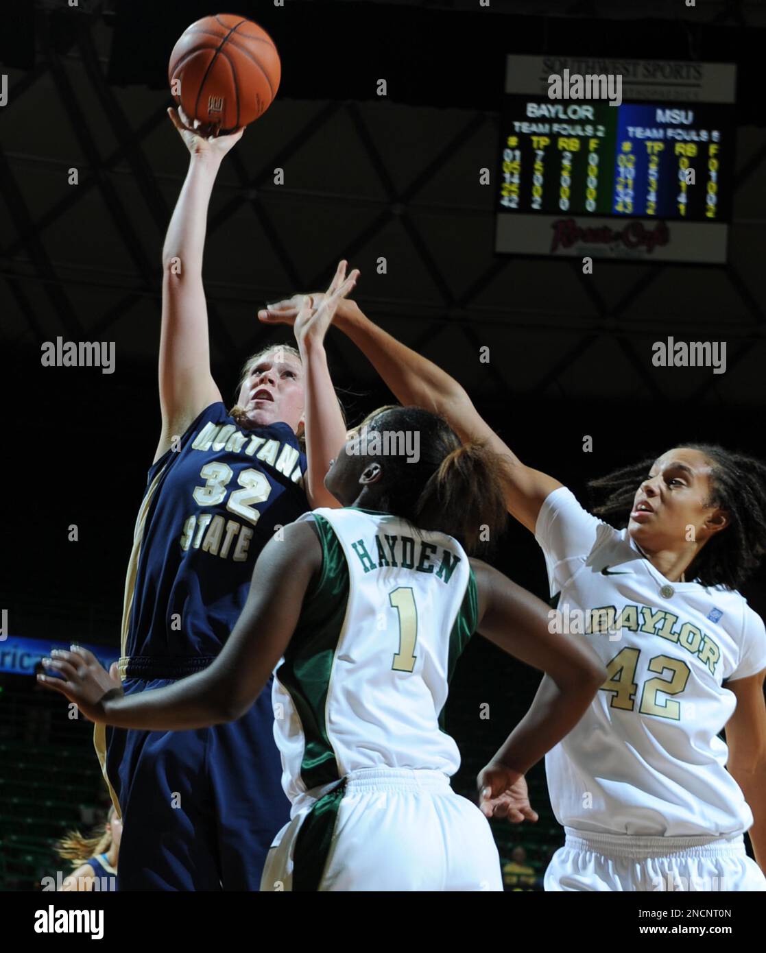 Montana State Rachel Semansky (32) shoots over Baylor's Brittney Griner ...