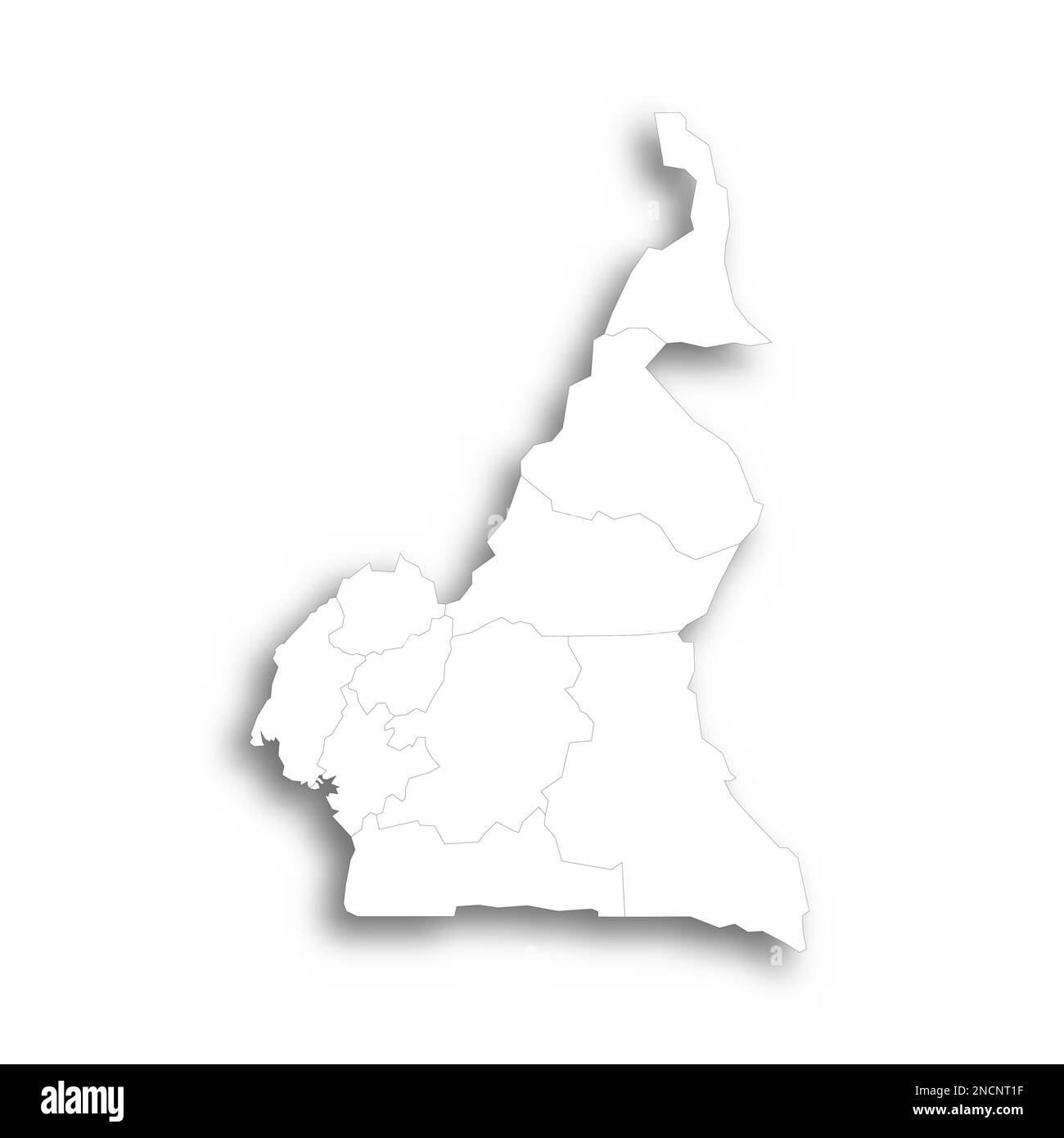 Cameroon political map of administrative divisions - regions. Flat white blank map with thin ...