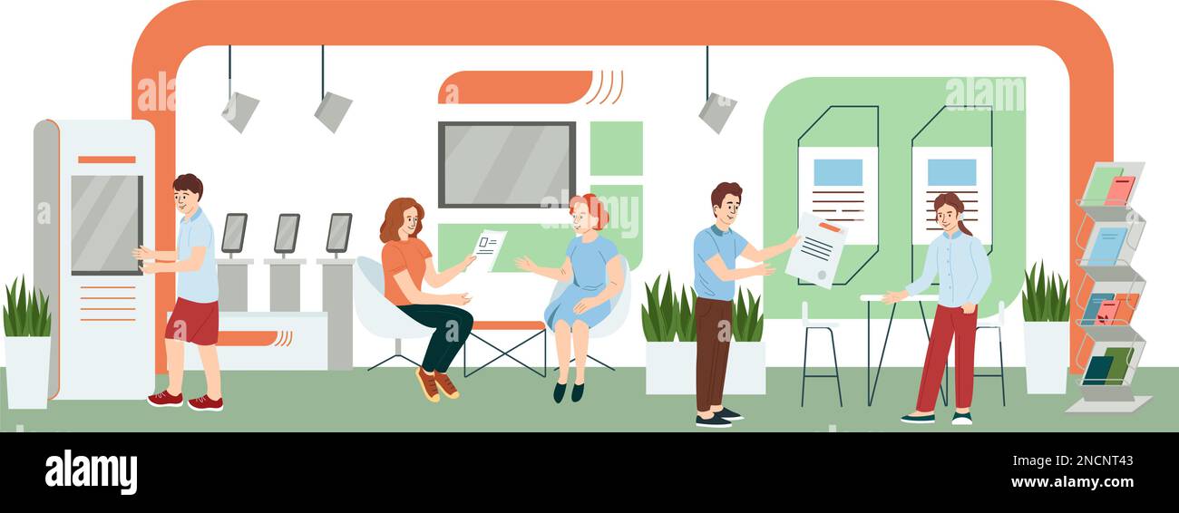 Exhibition with visitors flat composition with indoor view of booth ...