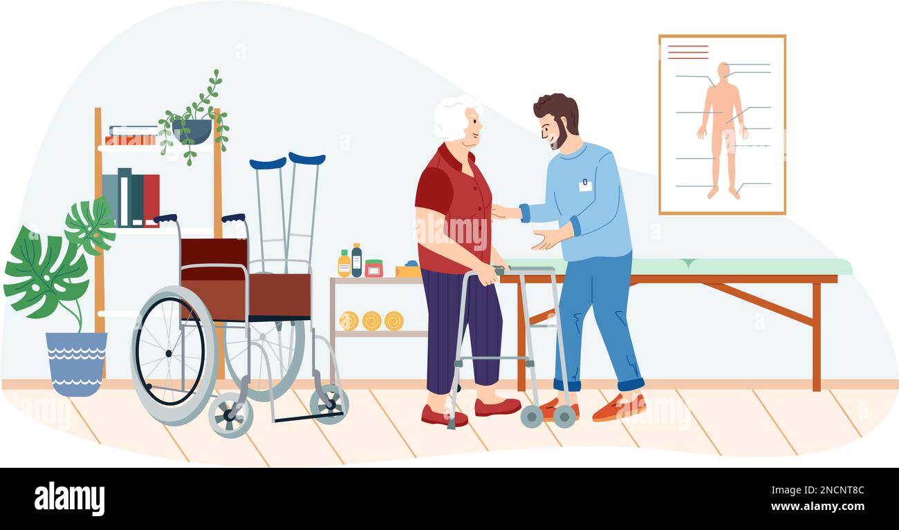 Orthopedic therapy rehabilitation flat composition with old women ...