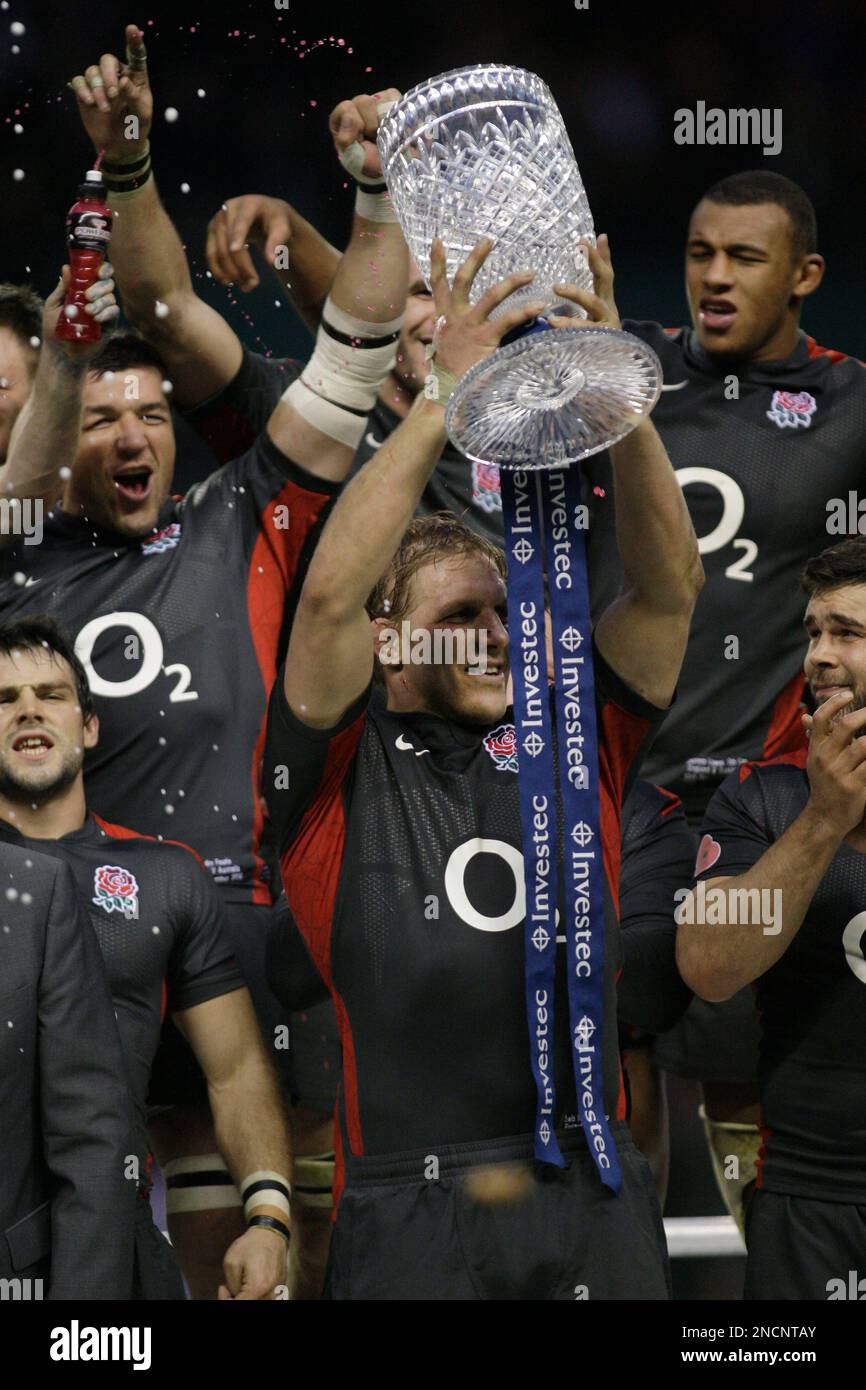England's Lewis Moody holds up the Cook Cup after their win against ...