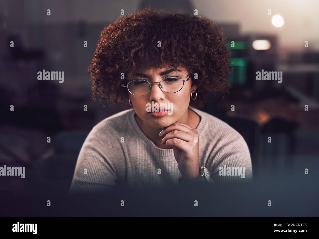 Night, computer and black woman programmer, software development and ...