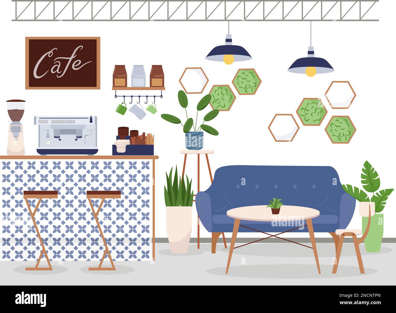 Modern eco cafe flat background composition with front view of bar ...