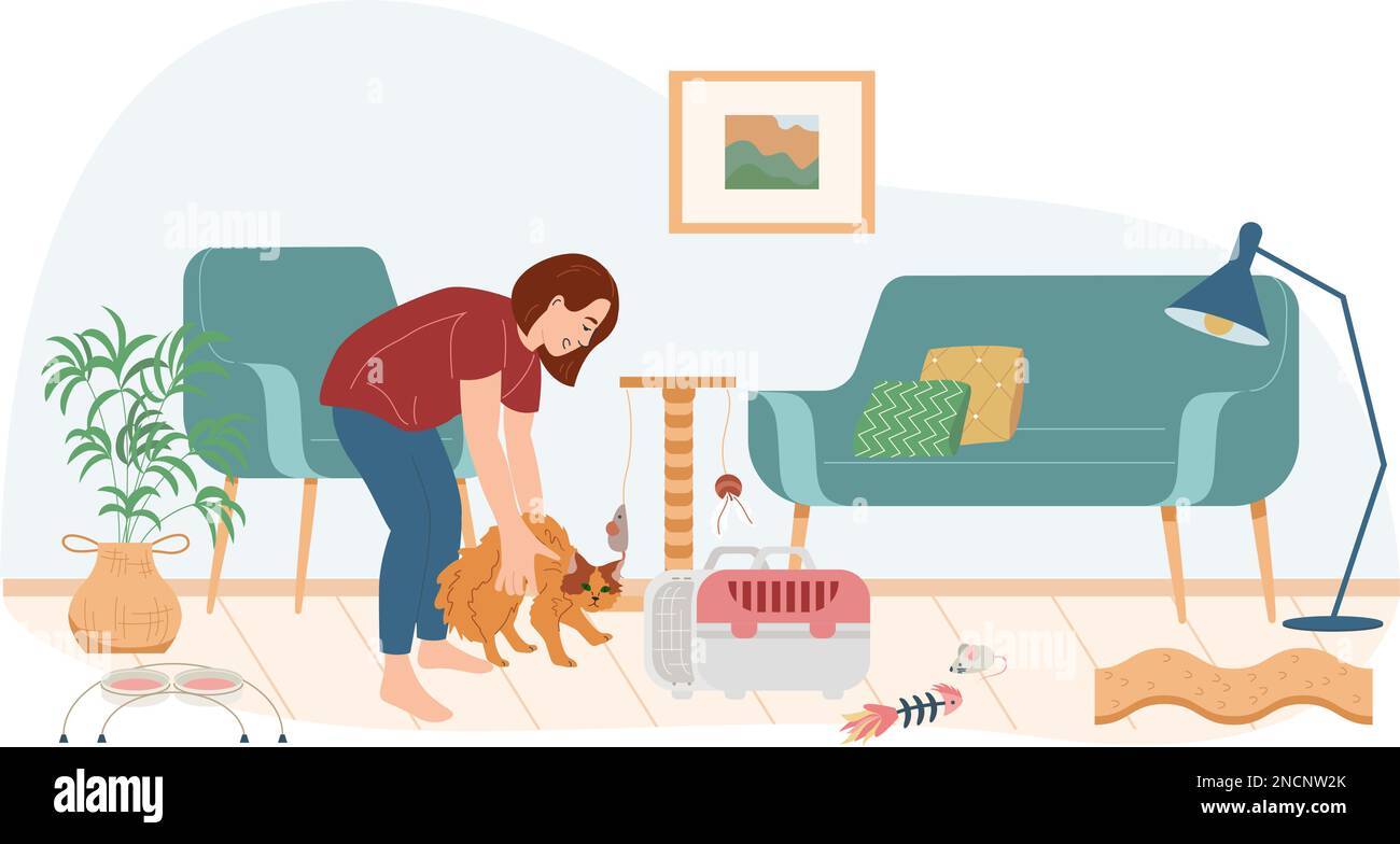 Cat accessories flat composition of living room interior with condo pet ...