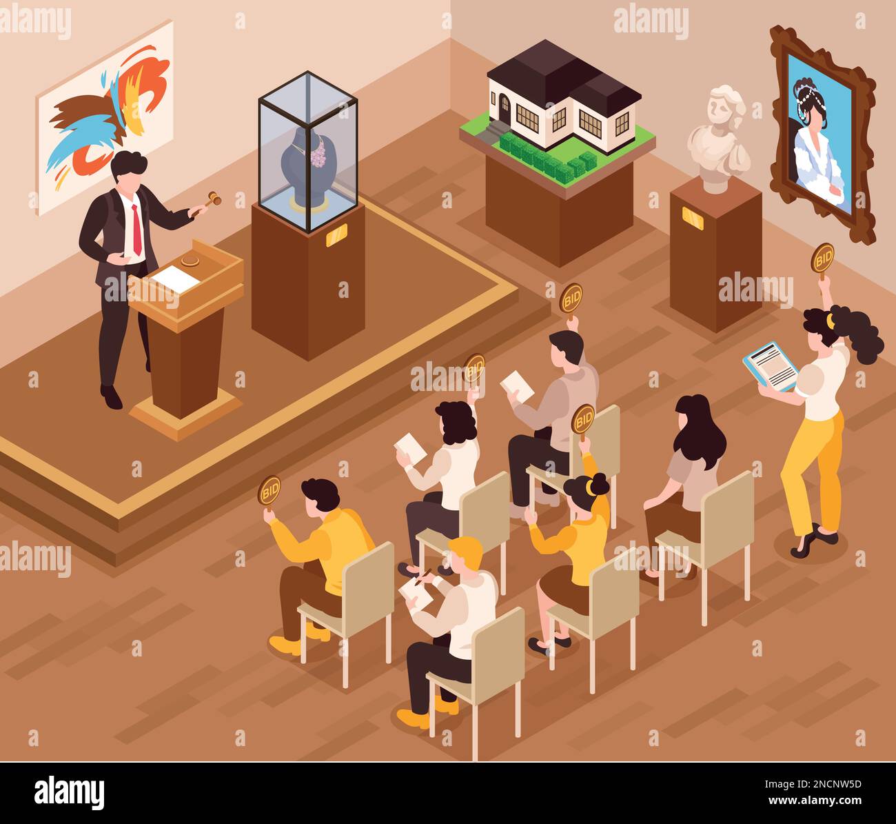 Auction background with buying and tips symbols isometric vector ...