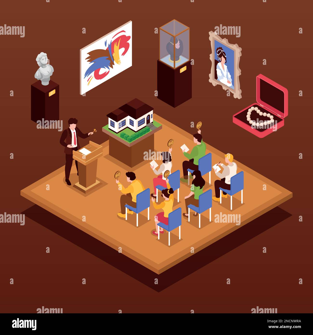 Auction concept with competition and art symbols isometric vector ...