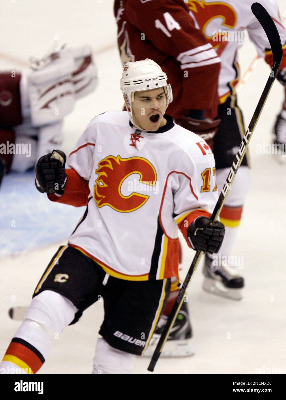 Calgary Flames left winger Rene Bourque celebrates after scoring a goal ...