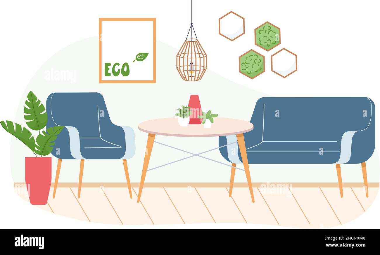 Modern eco cafe flat background with indoor composition of interior ...