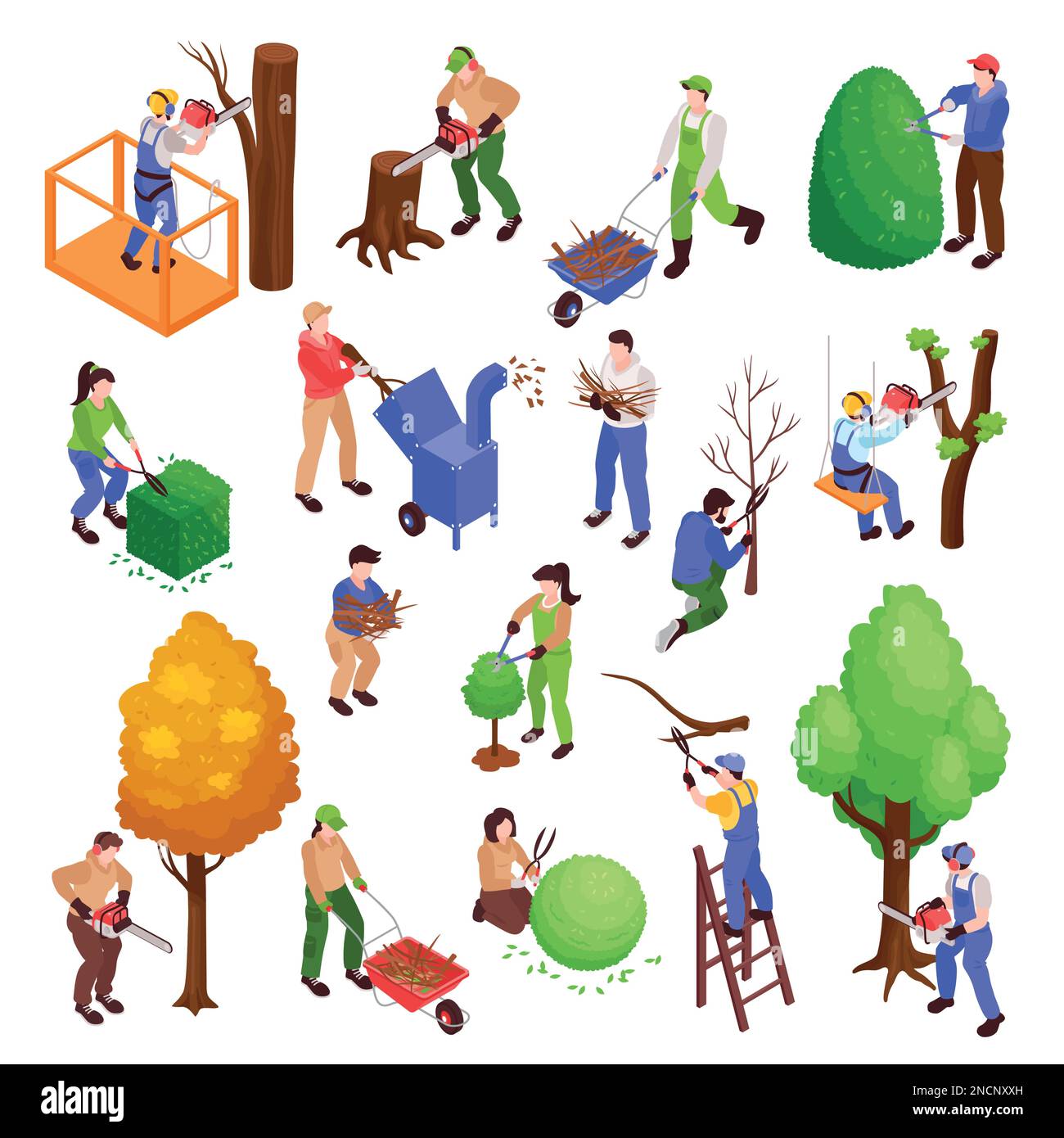 Garden workers set with trimming symbols isometric isolated vector ...