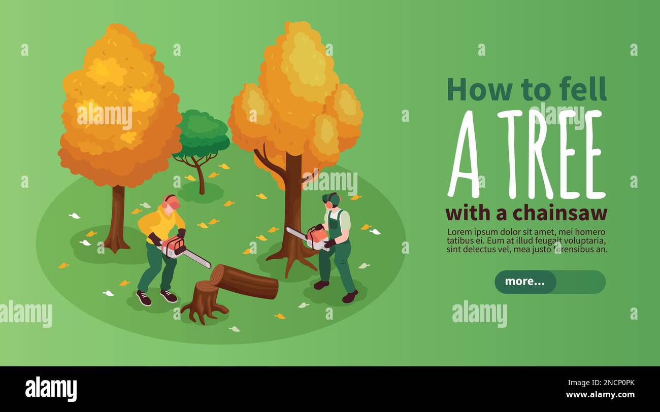 Garden workers horizontal banner with chainsaw symbols isometric vector ...