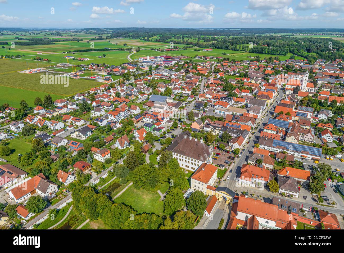 Aerial view to Türkheim, a small town in the Unterallgäu in bavaria ...