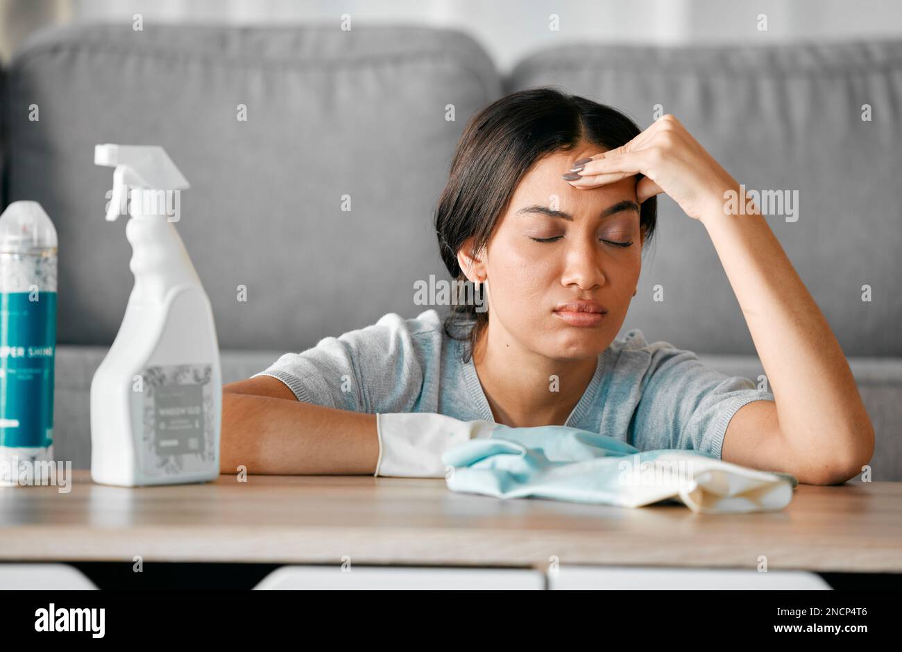 Headache, cleaning stress and tired black woman cleaner feeling burnout ...
