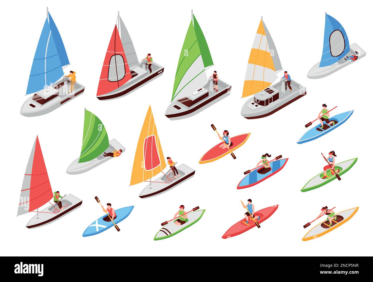 Regatta set with sailing symbols isometric isolated vector illustration ...