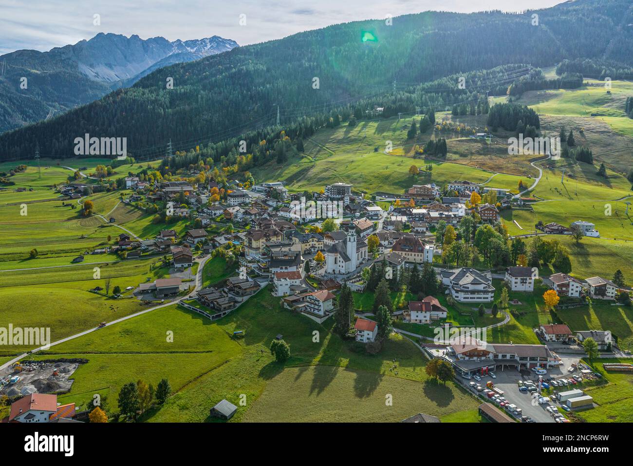 Aerial view to the beautiful landscape around Lermoos in the Tiroler ...