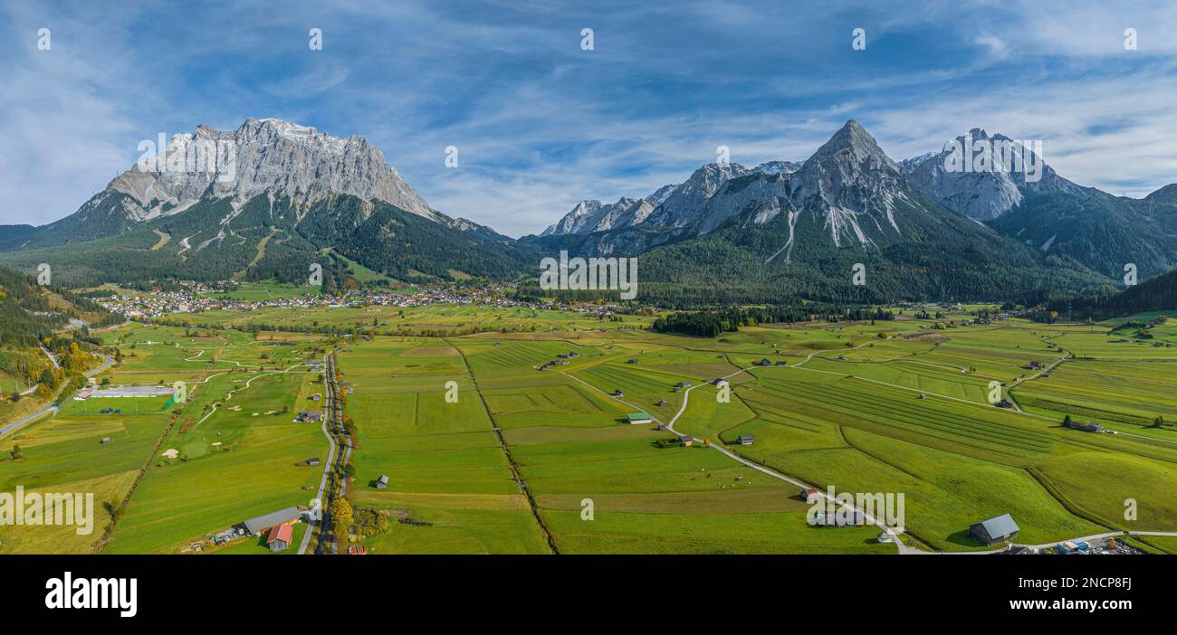 Aerial view to the beautiful landscape around Lermoos in the Tiroler ...