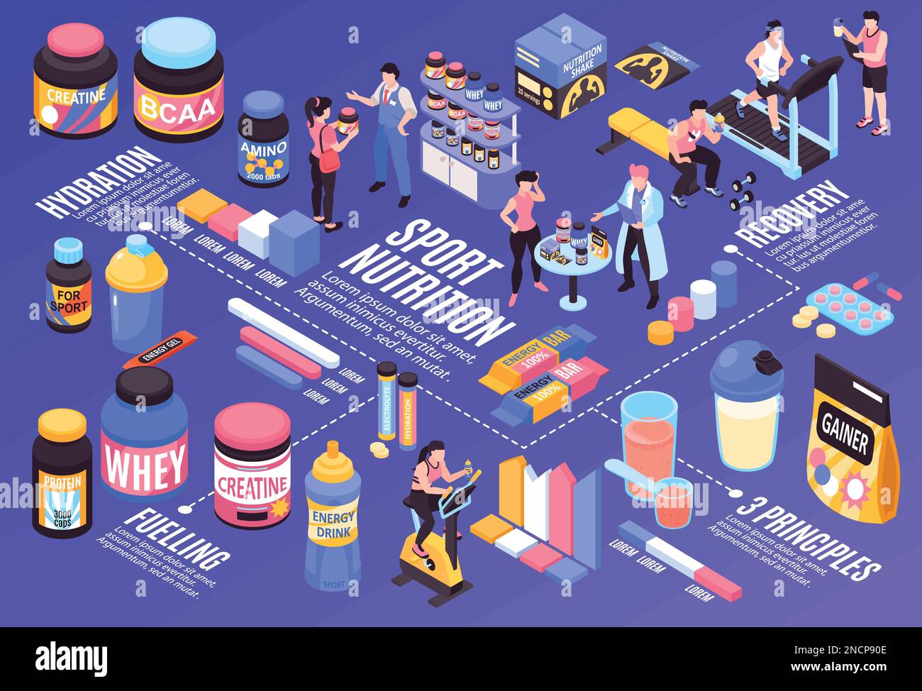Sport nutrition flowchart with fuelling and recovery symbols isometric ...