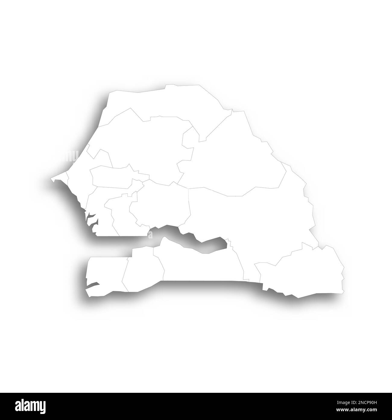 Senegal political map of administrative divisions - regions. Flat white blank map with thin ...