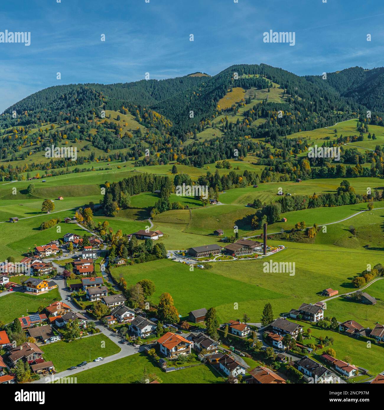 Aerial view to the idyllic landscape around Unterammergau in upper ...