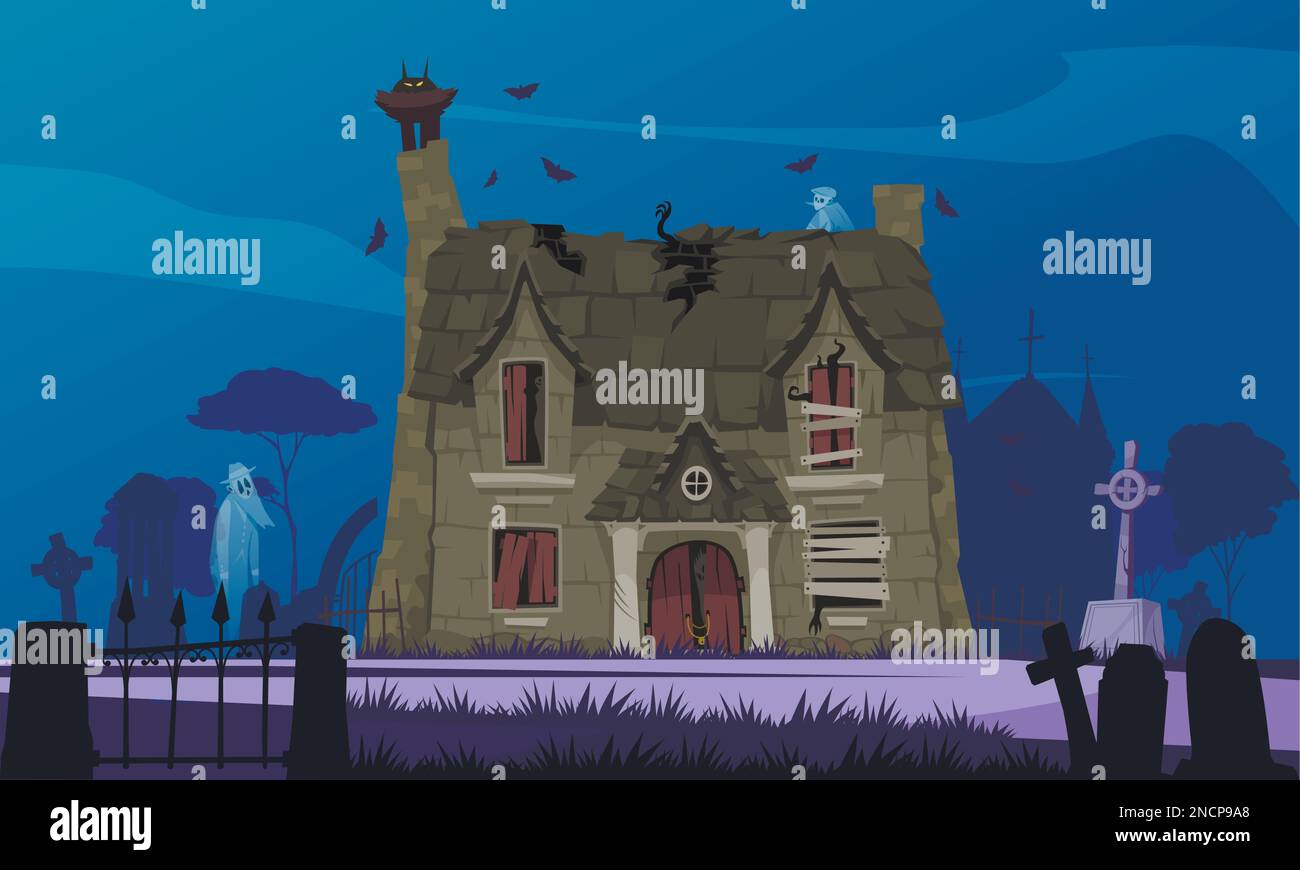 Scary house cartoon poster with deserted building and ghost and ...