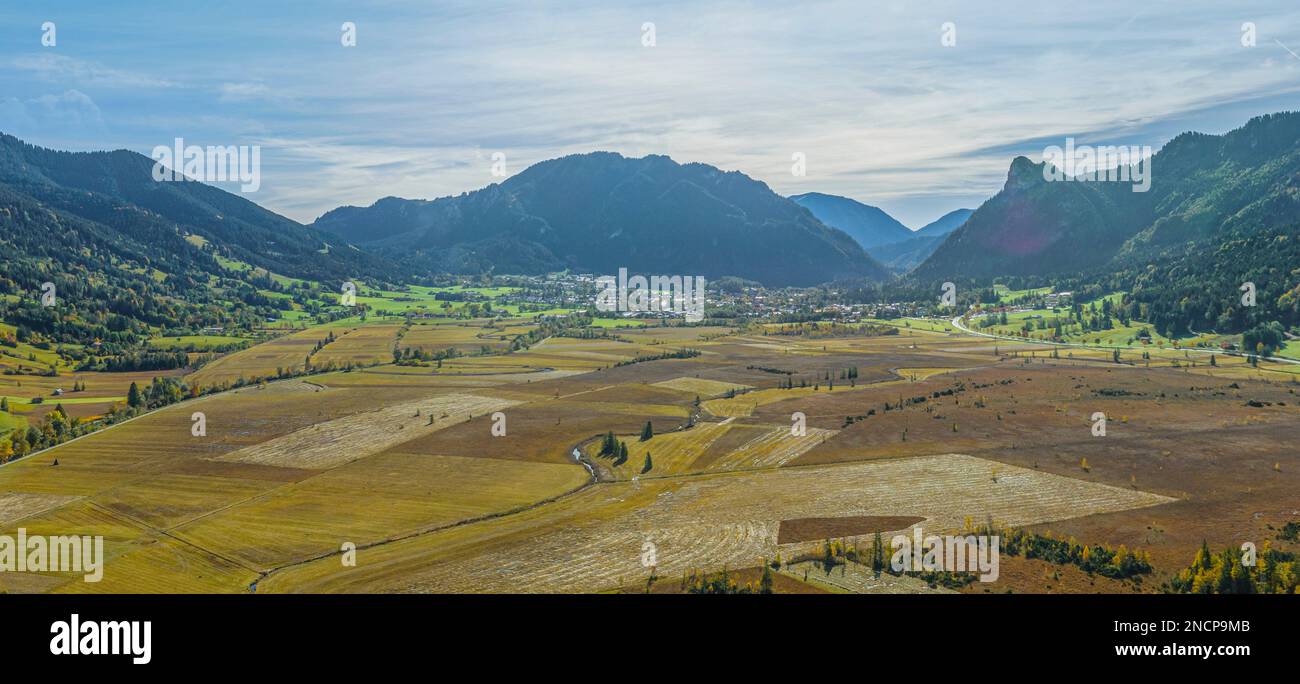 Aerial view to the idyllic landscape around Unterammergau in upper ...