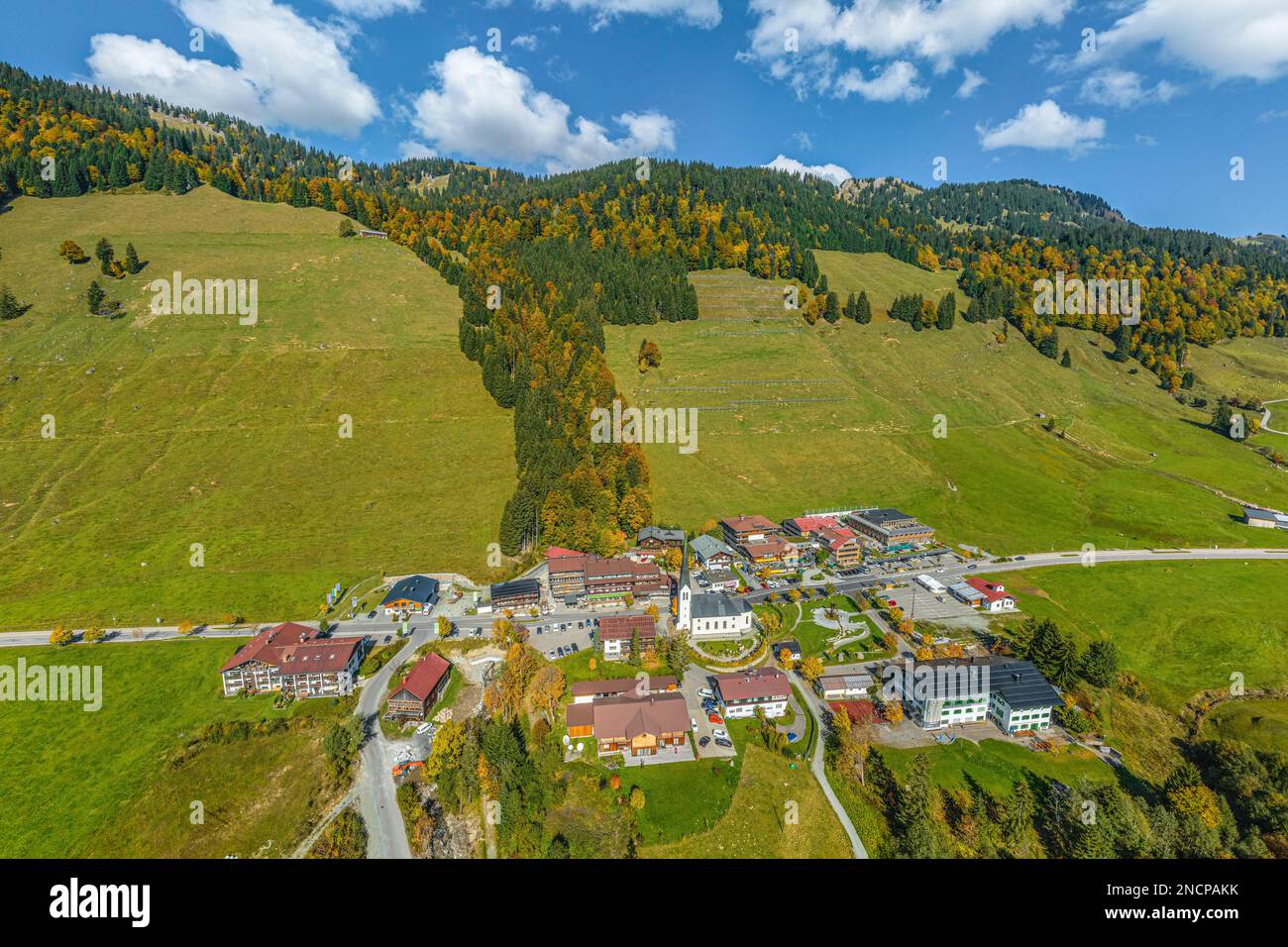 The alpine valley around Balderschwang in bavarian Allgaeu on a sunny ...